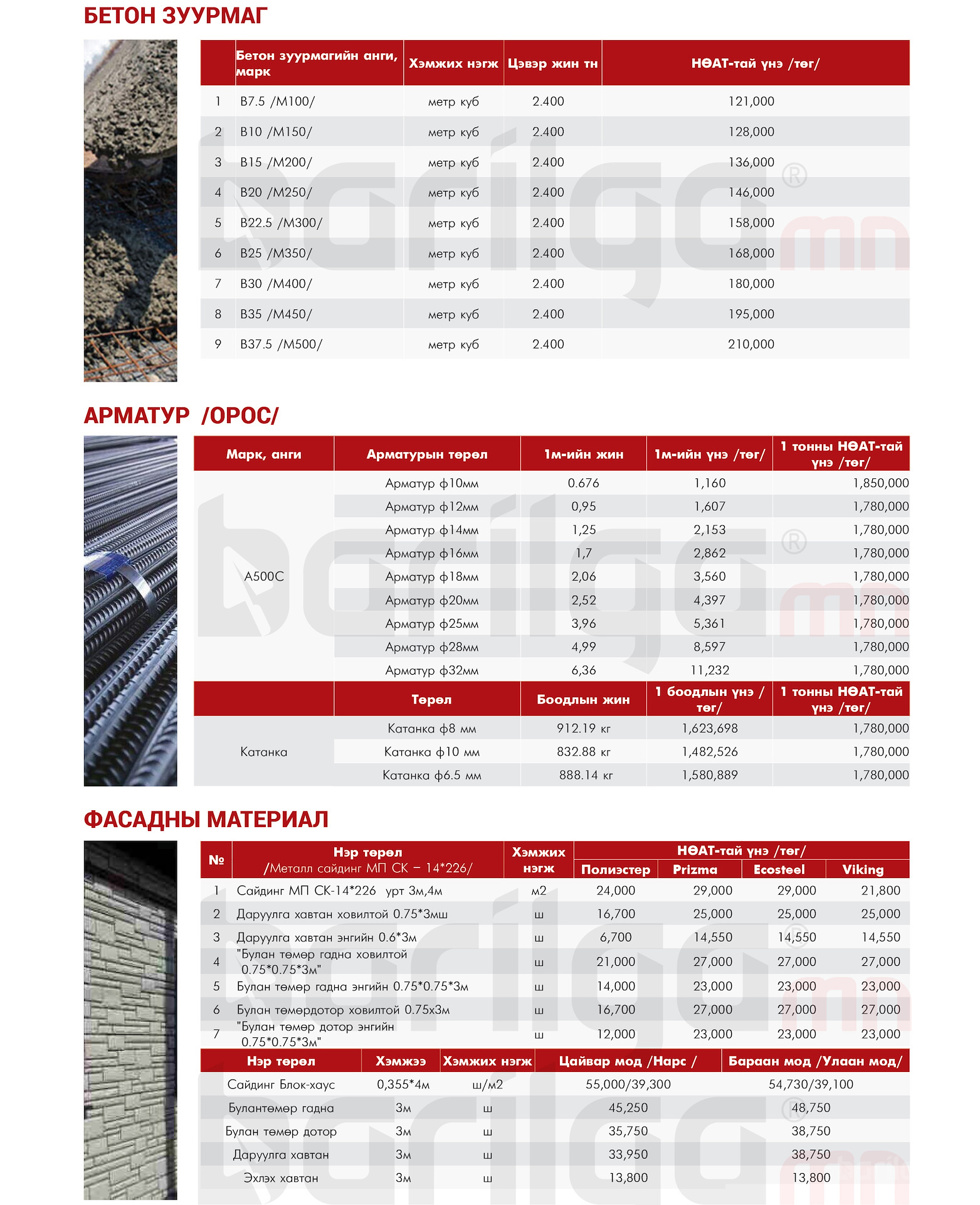 Барилгын материалын үнэ ханш 2019 оны 9 сарын 20 ний байдлаар
